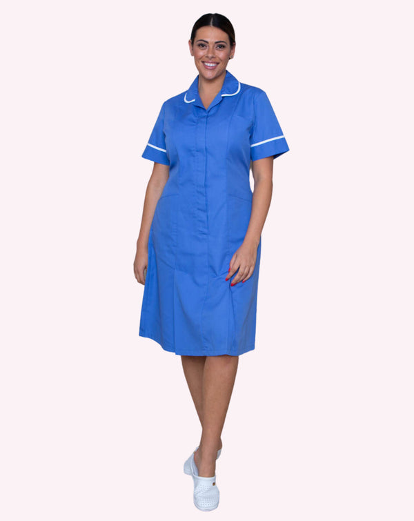 Halton Women's Classic Collar Healthcare Dress | Hospital Blue & White
