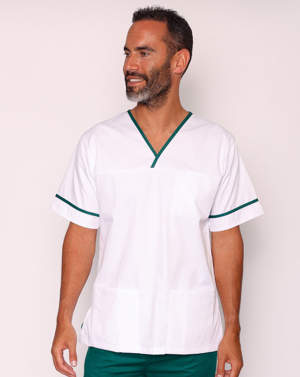 Casey Unisex Smart Scrub Tunic - White / Bottle Green